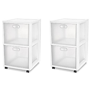 Sterilite Ultra 2 Clear Drawer Plastic Rolling Storage Container Cart with Ergonomic Handles and Caster Wheels, White (2 Pack)