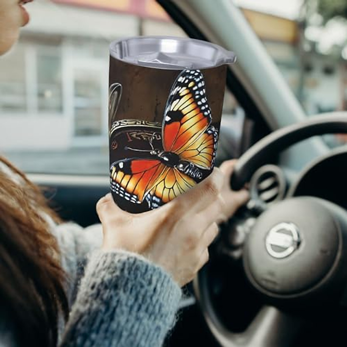 quopvn Butterfly Clocks Print 20oz Car Cup Ps Material Lid, Perfect For Hot & Cold Drinks