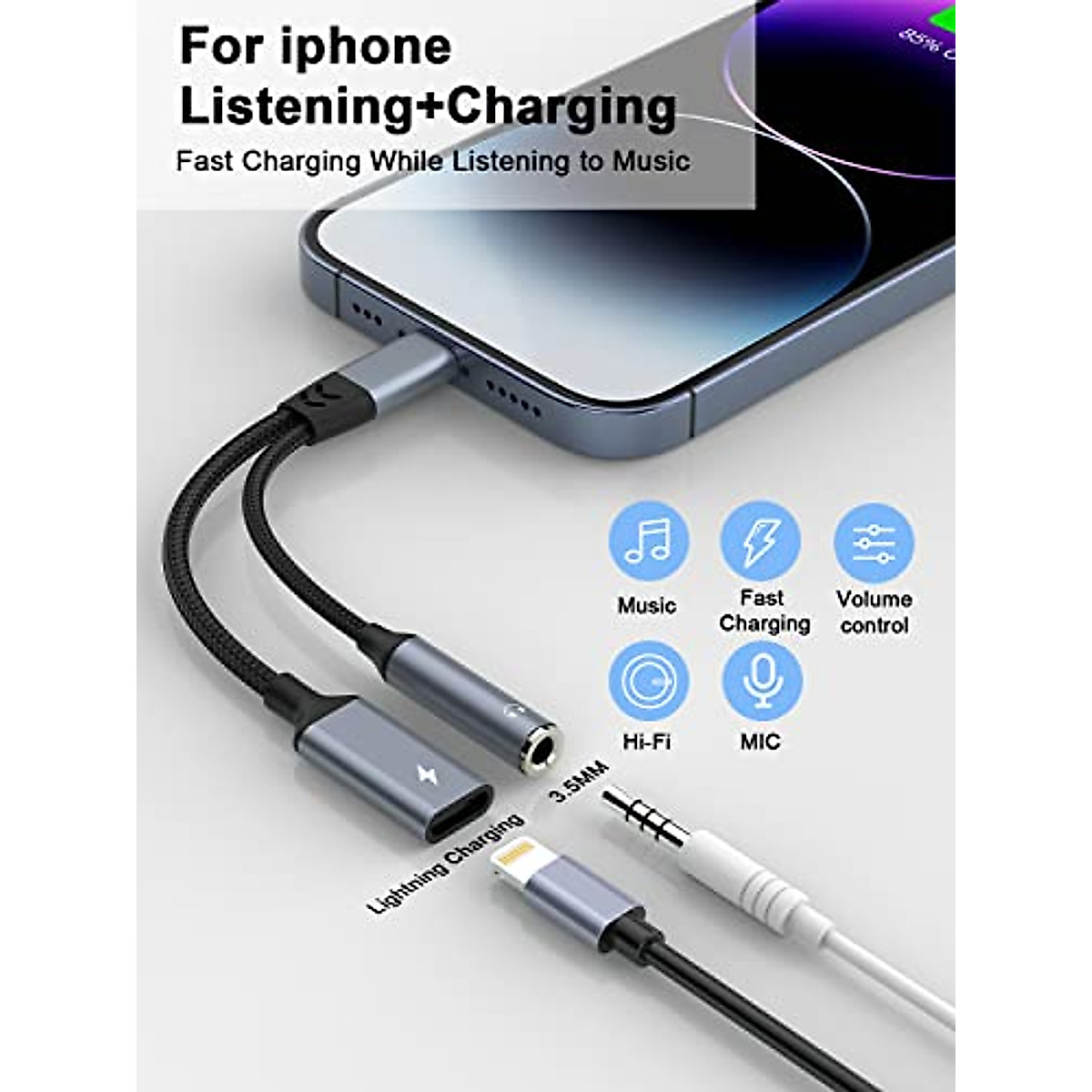 iPhone Headphone and Charger Adapter 2-in-1 Lightning to 3.5mm AUX Audio + Lightning Charger Splitter Dongle for iPhone 14/13/12/11 Pro Max/Pro/Plus/Mini/XR/XS/8/7 Plus-Apple MFi Certified