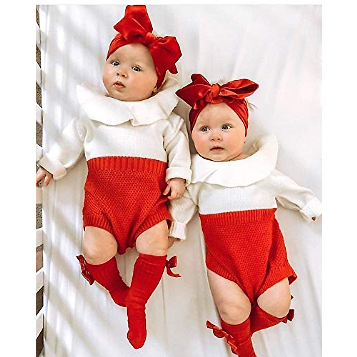 Urkutoba Baby Girls Romper Knitted Ruffle Long Sleeve Jumpsuit Baby Kids Girl Romper Autumn Winter Casual Clothing (0-6 Months, Red)
