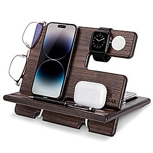 TESLYAR Gifts for Men Wood Phone Docking Station Ash Fathers FdaWatch Organizer Men Husband Wife Anniversary Dad Birthday Father Graduation Gadgets Compatible with iPhone iWatch AirPods