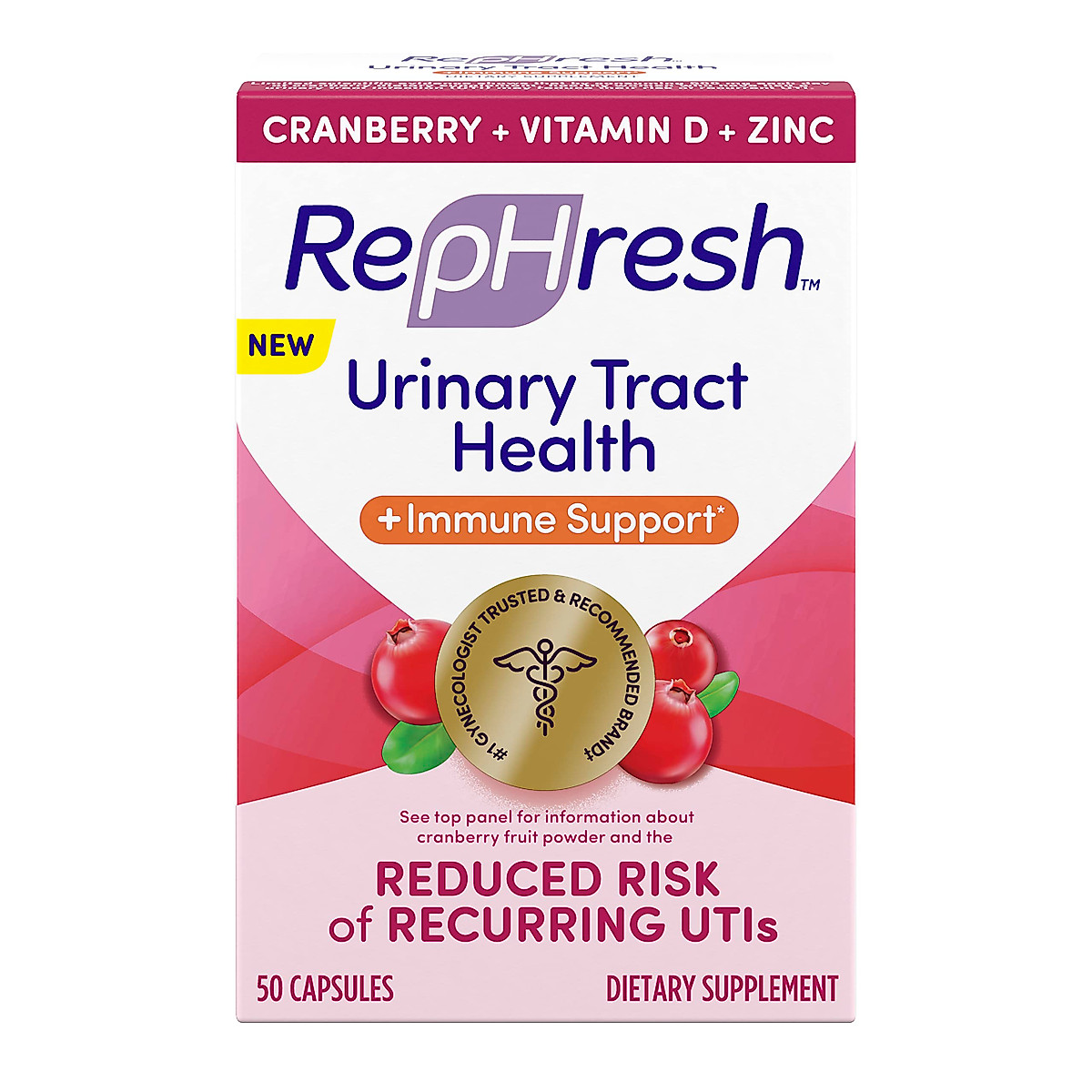 Rephresh Cranberry Urinary Tract Health Plus Immune Supplement, Blended with Vitamin D + Zinc - 50 Count
