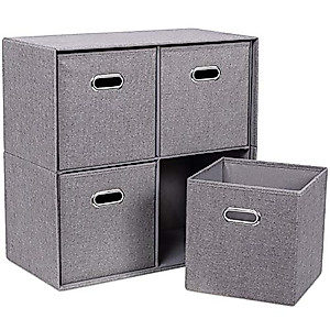 BIRDROCK HOME Grey Linen Cube Organizer with 4 Storage Bins – Collapsible Fabric Shelves and Cubes