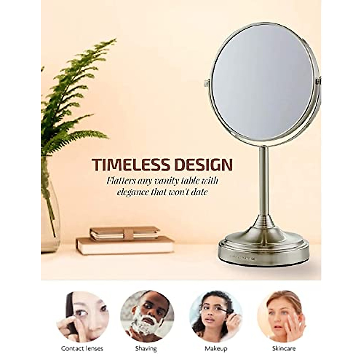 Ovente 7'' Tabletop Makeup Mirror with Stand, 1X & 7X Magnification, Adjustable Double Sided Round Magnifier, Ideal for Dresser, Vanity, Office Station & Bathroom, Nickel Brushed MNLCT70BR1X7X