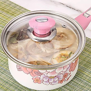 Enamel Saucepan 1500ml, Floral Small Cooking Pot Casserole with Glass Lid, Handle, Milk Pan Ramen Stockpots for Induction, Electric and Gas Stoves.
