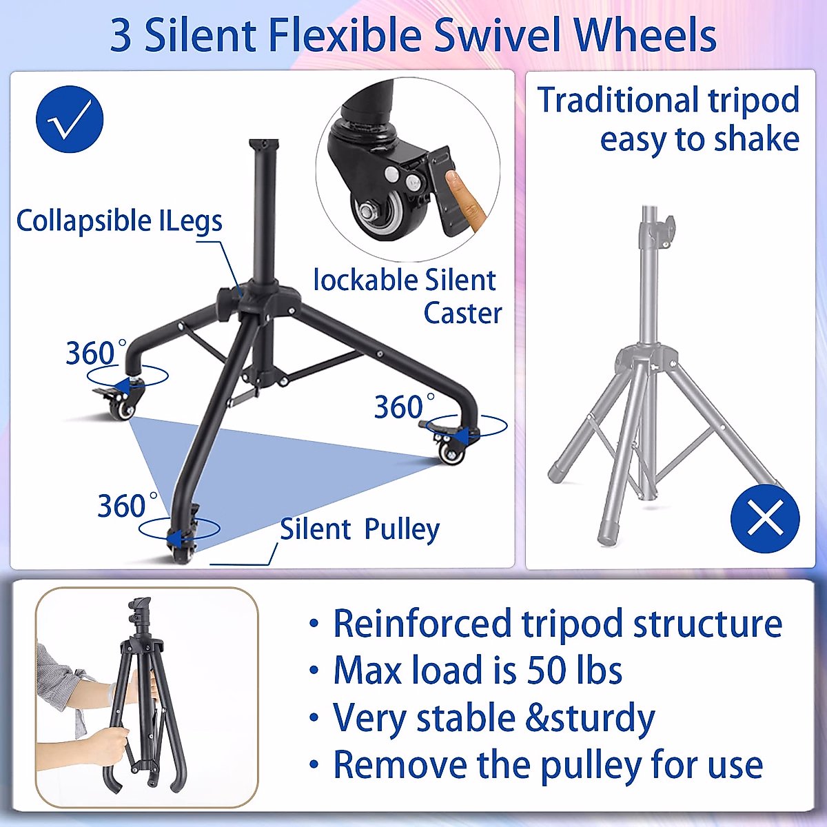 Projector Stand Tripod Adjustable Height, with Wheels, 2 Shelves, Mouse Tray Laptop Tripod, Outdoor Projector Stand for Backyard, Studio