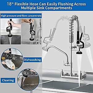 JZBRAIN Commercial Faucet with Sprayer 21" Height Wall Mount Kitchen Sink Faucet Add On Faucet 8" Swing Spout Pre-Rinse Sprayer 8 inch Center for 1 or 2 Compartment Sink