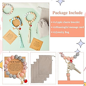 4 Pcs Silicone Key Ring Bracelet for Women Teacher Gifts Teacher Appreciation Beaded Wristlet Keychain Teacher Keychains with Tassel Portable Wristlet Bangle Keyring Holder, End of Year Teacher Gifts