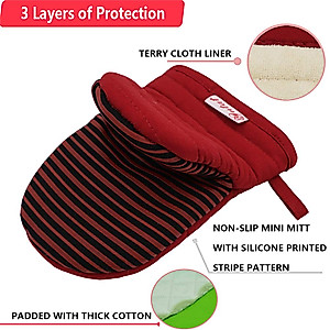 Mini Oven Mitts, Cook Mittens Yutat Silicone Oven Mitts with Quilted Liner Professionally Protect Your Hand During Baking Doing BBQ or Carry Hot Pot Red, 1 Pair