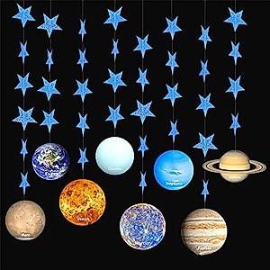 Galaxy Solar System Hanging Paper Decoration (8 Strings X 4.3ft), Outer Space Paper Garland Flower Party Streamers, Plant with Blue Star Hanging for Kids Bedroom Decor，Birthday PartySupplies