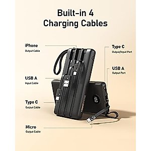 VEEKTOMX Portable Charger with Built in Cables, 10000mAh Ultra Slim Power Bank with 5 Outputs and LED Display, External Battery Compatible with iPhone/iPad/Samsung and Other Smart Devices for Travel