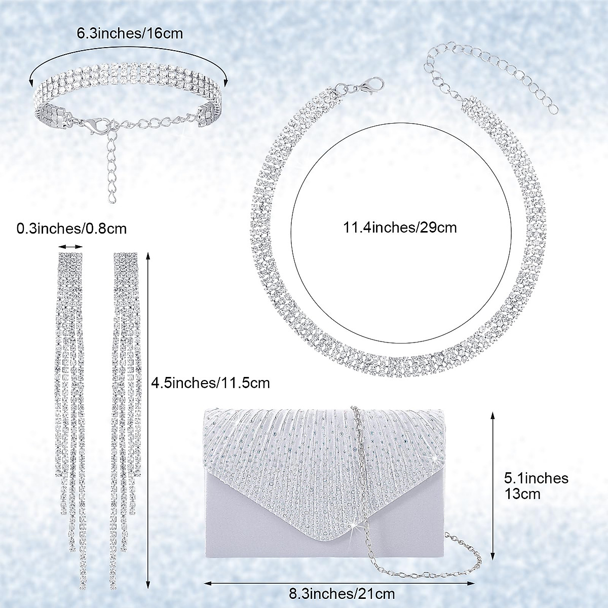 5 Pcs Women Accessories Including Shawls and Wraps, Evening Bag Clutch Purses, Rhinestone Jewelry Sets for Wedding Bridal (Silver)