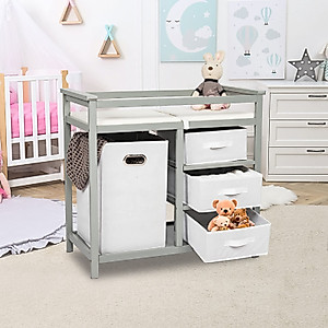 Baby Changing Table - Changing Station with Laundry Hamper, 3 Storage Baskets, and Pad, Multi Storage Nursery Changing Table for Infants or Babies (Light Grey)
