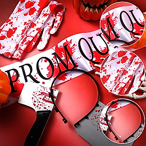 Jiuguva 4 Pcs Halloween Blood Prom Queen Costume Zombie Cosplay Accessory Set Including Knife Headband White Bloody Gloves Prom Queen Satin Sash for Women Girls Halloween Dress up Party Prop Supplies