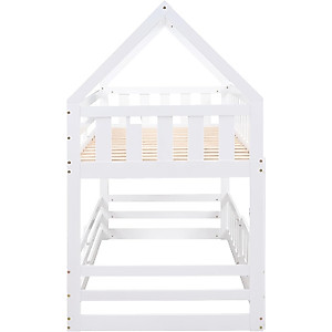 MERITLINE House Bunk Bed with Fence and Door, Wood Kids Bunk Beds Twin Over Twin with Roof, Floor Bunk Bed Loft Beds for Girls Boys, Easy Assembly, White
