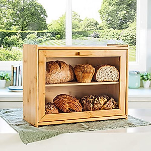 Laura's Green Kitchen Large Bread Box - Wood Bread Box with Clear Front Window - Farmhouse Style Bread Bin for Kitchen Counter - Double Layer Bread Storage Bin Holds 2 Loaves - Self-Assembly