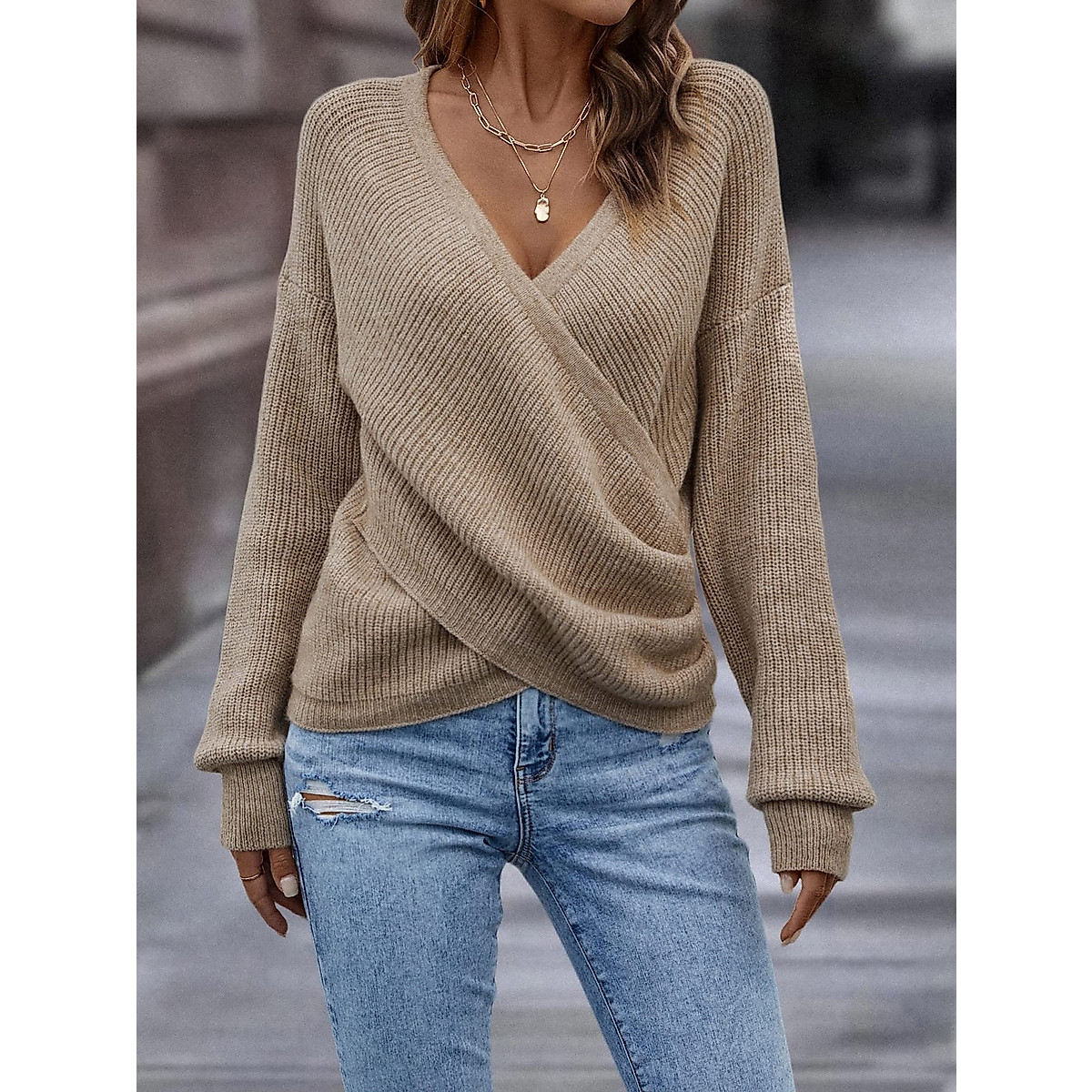 SweatyRocks Women's Casual Long Sleeve Drop Shoulder V Neck Wrapped Pullover Sweater Top Khaki Medium