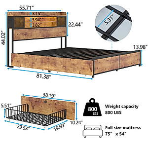 Gyfimoie Full Size Bed Frame with 4 Drawers & Headboard, Metal Frame with Power Outlet and LED Light, Easy Assembly, No Box Spring Needed, Ideal for 75" Mattress