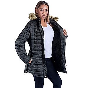 Facitisu Women's Quilted Jacket Winter Puffer Mid Length Coat Fur Trim Removable Zip-Off fHood (Black, 1XL)