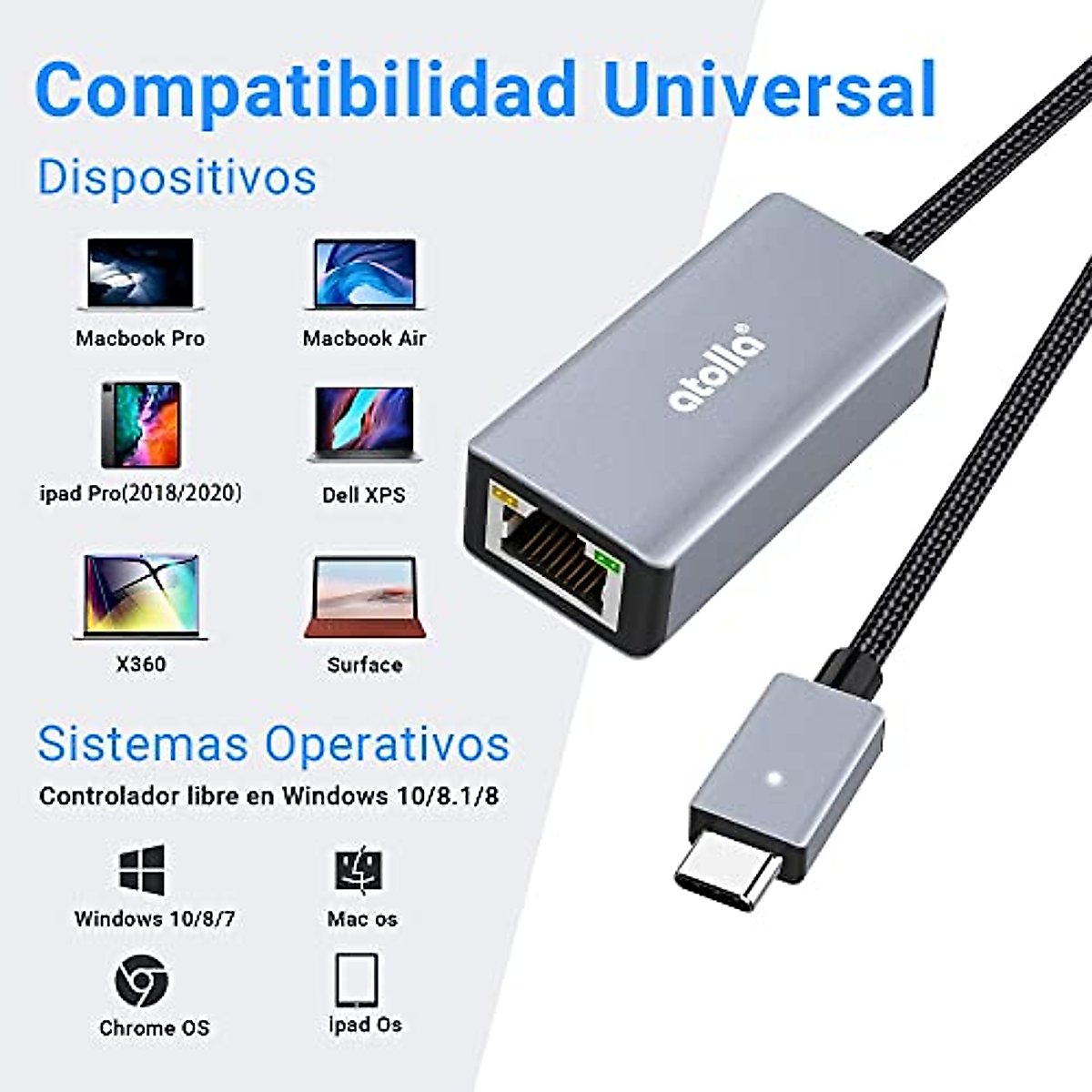USB C to Ethernet Adapter, atolla USB Type-C to LAN Network RJ45 Gigabit Ethernet Adapter, Thunderbolt 3 Compatible with MacBook Pro, MacBook Air, iPad Pro, Surface, XPS and More
