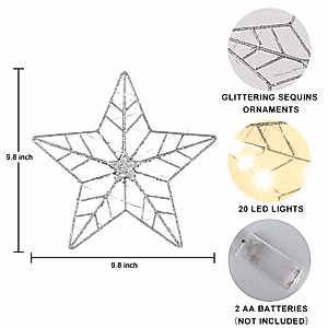 YEAHOME Christmas Tree Topper, Lighted Hollow 5-Point Star Tree Topper, Wire Star for Christmas Treetop with 20 LED Lights Xmas Tree Topper for Christmas Tree Ornament Decoration, Silver Glittered
