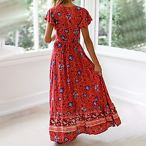 Casual Dresses for Women Midi Length Ladies Summer Casual V Neck Floral Print High Waist Belt Short Sleeve Hem Slit Wrap