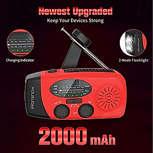 【2023 Upgraded】 iRonsnow Solar Hand Crank Radio AM/FM/NOAA/WB Weather Emergency Radio, Dynamo LED Flashlight 2000mAh Power Bank for iPhone/Android Smart Phone SOS Alarm (IR086 Red)