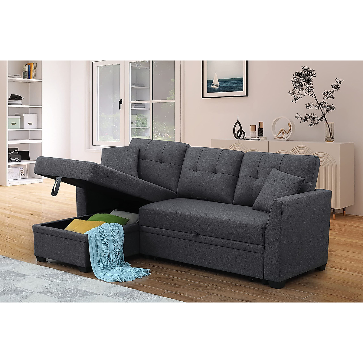 Sleeper Sofa with Pull Out Couch, Sleeper Couch with Storage Chaise, Small Sectional Sofa Lounge Couch 3 Seater Reversible Sofa Couch for Living Room, Bedroom,Apartment