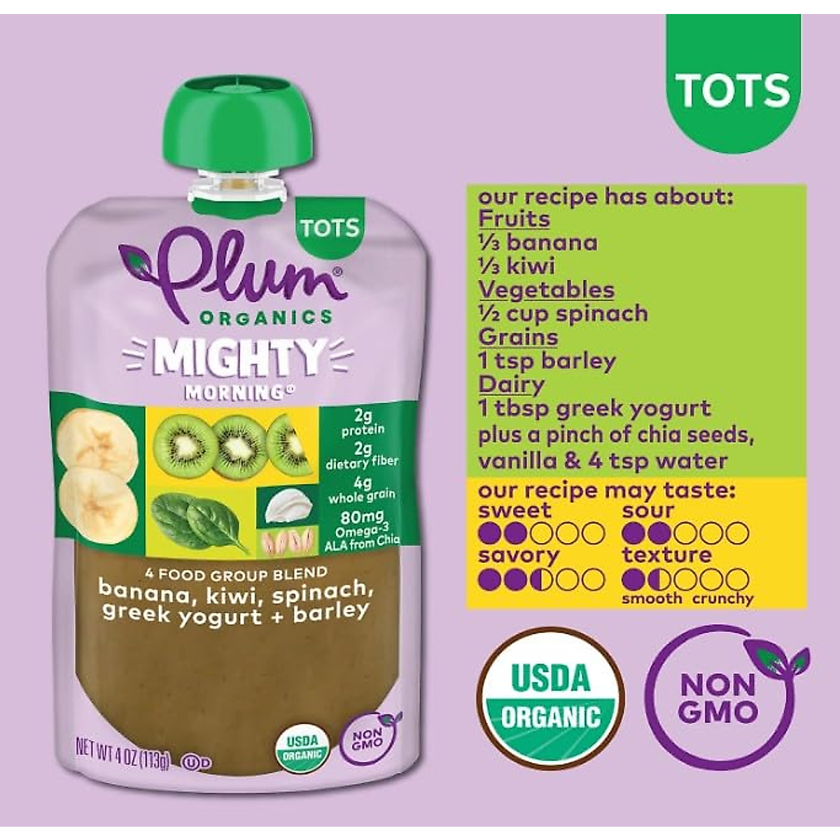 Plum Organics Mighty Morning Organic Toddler Food - Banana, Kiwi, Spinach, Greek Yogurt, and Barley - 4 oz Pouch - Organic Fruit and Vegetable Toddler Food Pouch