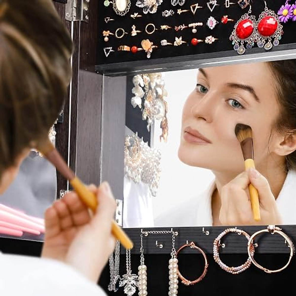 Titan Mall 360° Rotating Jewelry Cabinet Standing Jewelry Armoire with Full Length Mirror,Revolving Makeup Jewelry Holder Organizer Full Body Mirror,Large Stand Up Jewelry Box,Women Girl Gift,Brown