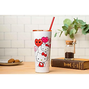 Silver Buffalo Sanrio Hello Kitty Heart Balloons Double Walled Stainless Steel Tumbler with Straw, 22 Ounces