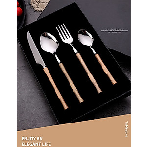 Wood Silverware Set for 8 Modern Cutlery Utensils Stainless Steel Flatware Set 40 Piece Knives Forks Spoons Tableware for Home Kitchen Restaurant Wooden Handle Dinnerware Sets