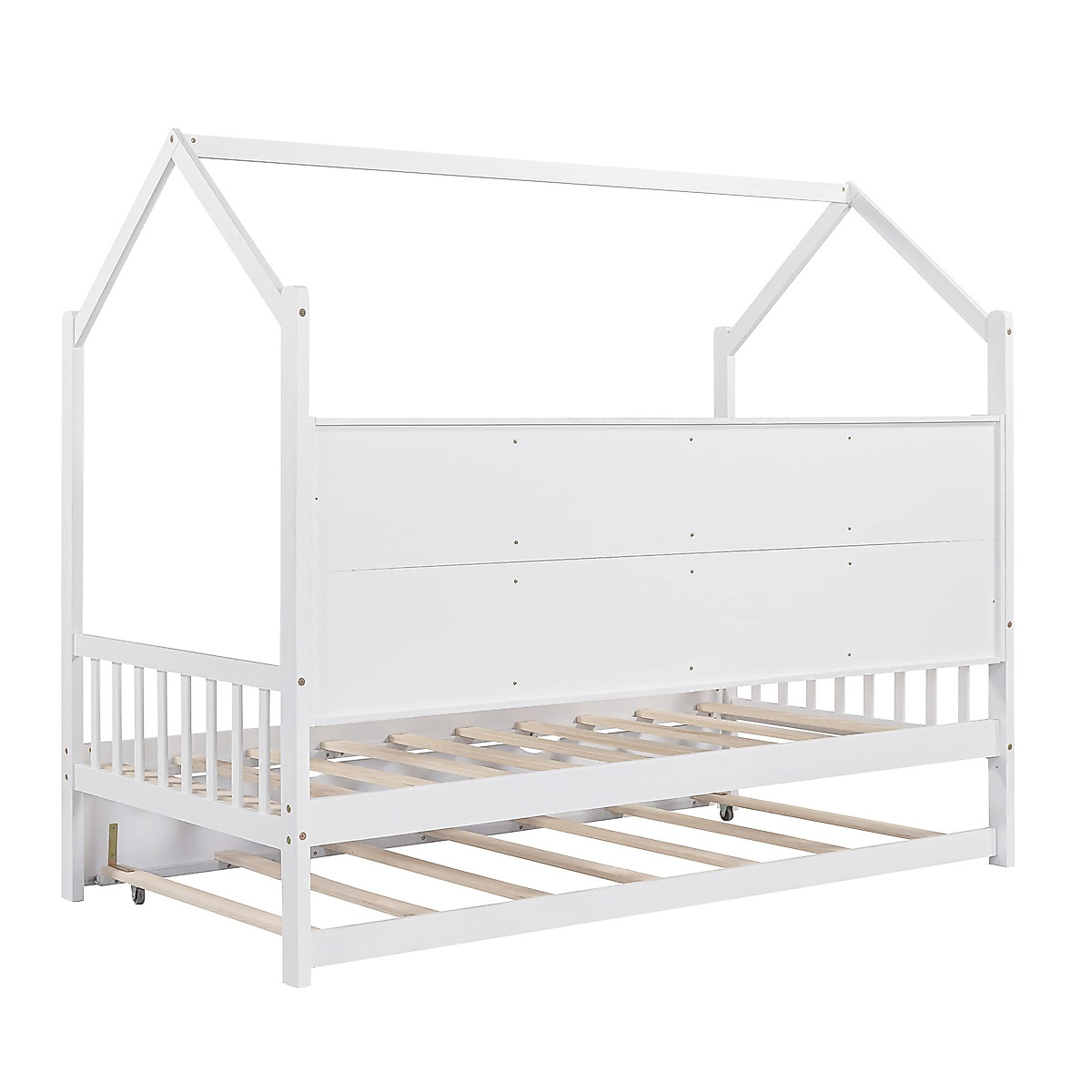 Harper & Bright Designs Twin Size House Bed with Trundle, Wood Twin House Bed Frame with Shelf Compartment, Twin House Bed for Kids with Roof for Girls, Boys,No Box Spring Needed, White