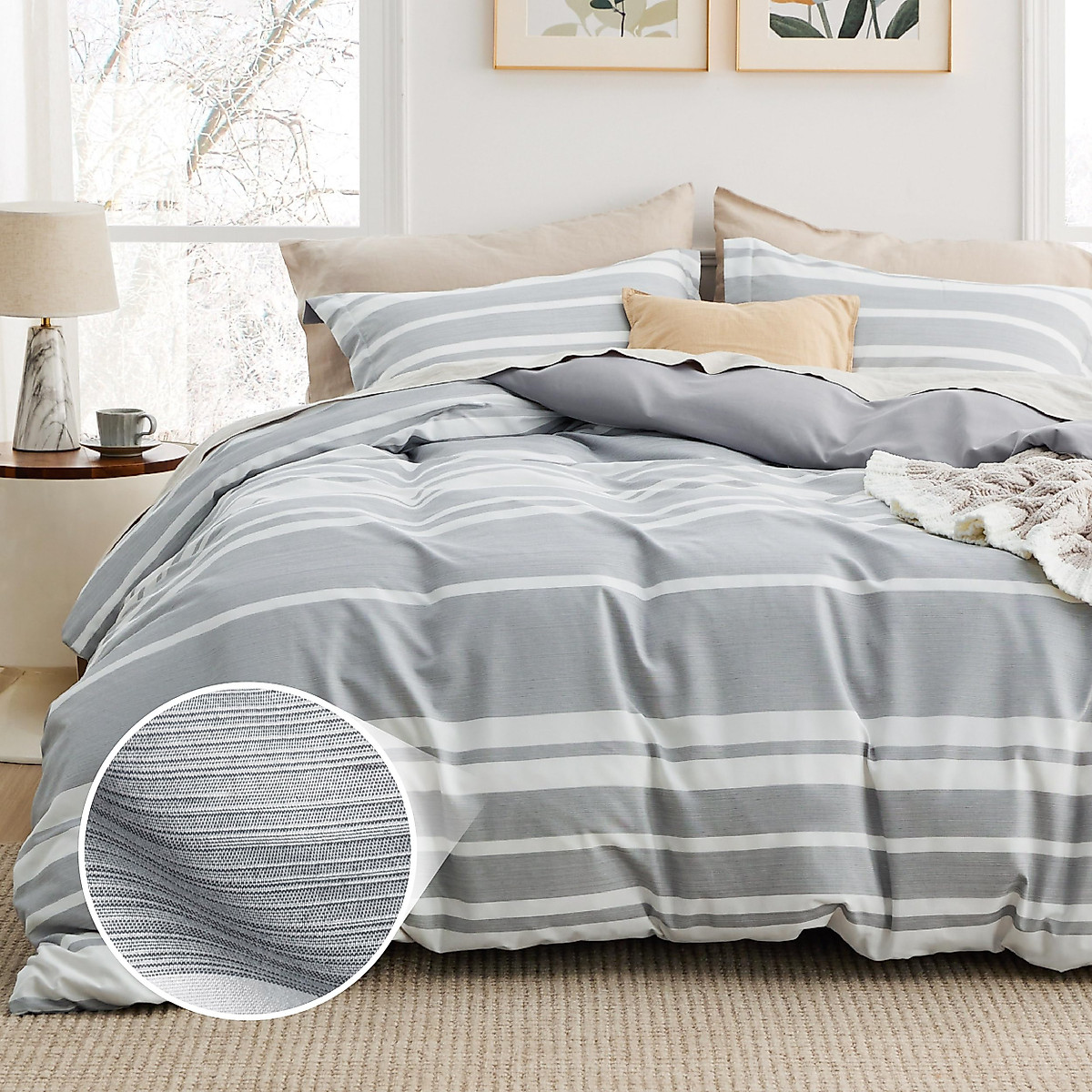 Bedsure Queen Duvet Cover Grey White Striped - Super Soft Cationic Dyed Duvet Cover for Kids with Zipper Closure, 3 Pieces, Includes 1 Reversible Duvet Cover (90"x90") & 2 Pillow Shams, NO Comforter