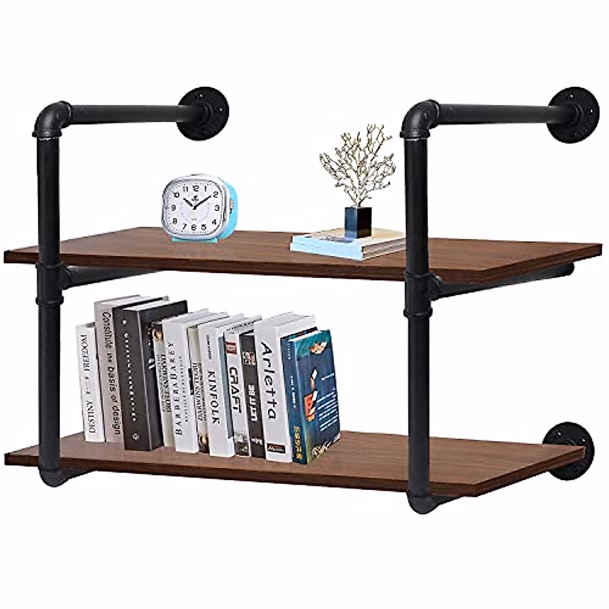 Industrial Pipe Floating Shelves,31inch Wall Mount Hanging Book Shelves with 2 Wooden Boards Planks in Rustic Brown Wood Finish Farmhouse Style