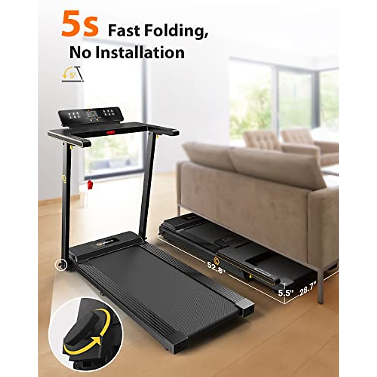 UREVO Portable Folding Treadmills for Home, Max 3.0 HP Running Walking Treadmill with 12 Pre Set Programs and Wider Tread Belt, Adjustable Display, Pause Detection