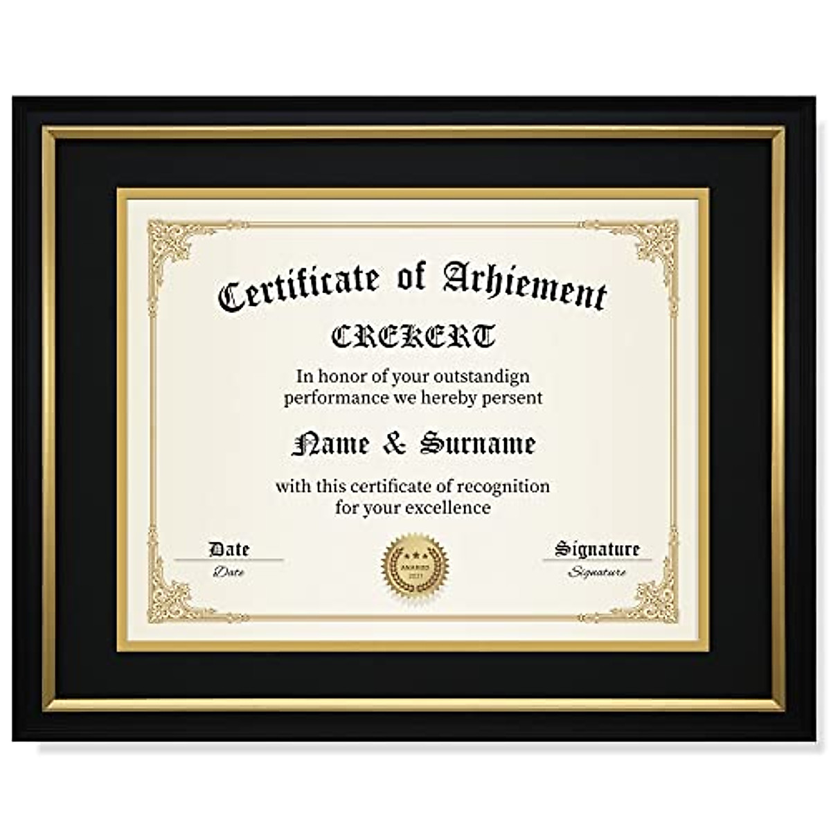 CREKERT Diploma Frame 11x14 Picture Frame Solid Wood Shatter-Resistant Glass for Documents Certificate Blackgold Frame 8.5x11 with Mat (Black Mat, 1 Pack)