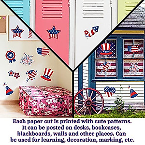 Whaline 48Pcs 4th of July Cut-Outs Patriotic American Flag Cut Outs with 100pcs Glue Points Cartoon Stars Stripes Heart Firework Paper Cut-Outs for Independence Day Classroom Bulletin Board Decor
