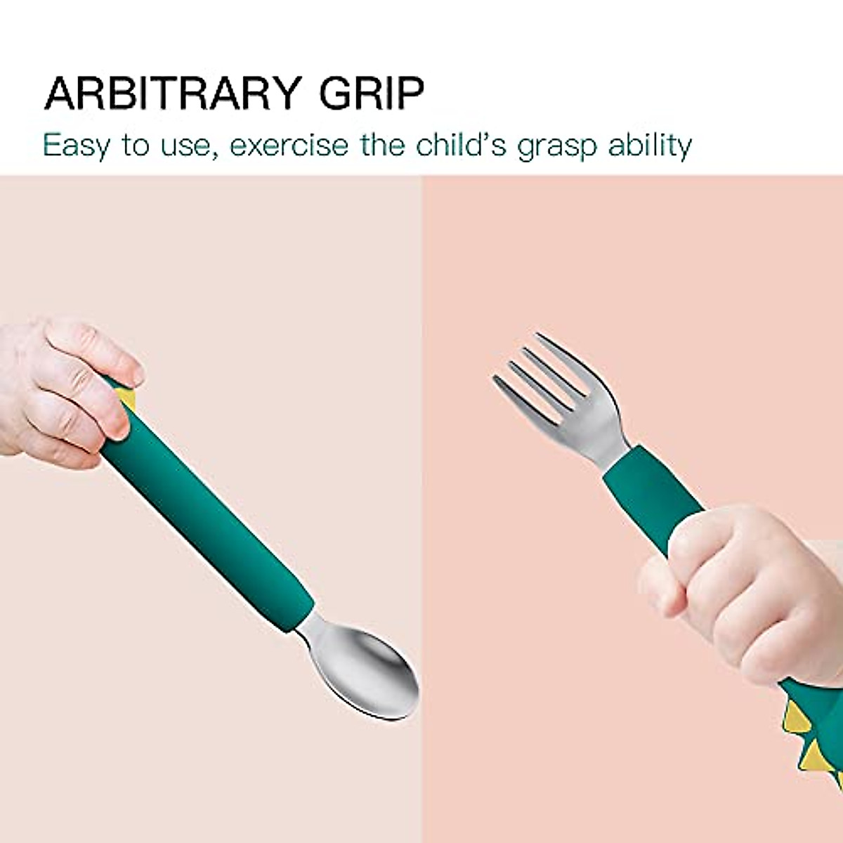 SFCCMM Baby Forks and Spoons Set Baby Training Utensils Self Feeding Toddler Silverware Silicone and Stainless Steel Kids and Toddler Utensil (Green Dinosaur - Long)