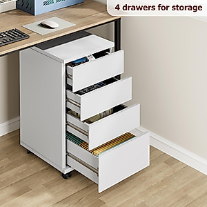 BOTLOG Mobile File Cabinet, 4-Drawer Filing Cabinet with Wheels, Rolling Pedestal Under Desk for Home Office Legal/Letter/A4 Size White