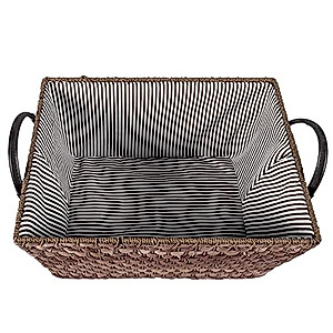 MyGift Woven Brown Wicker Handled Storage Basket with Decorative Striped Fabric Liner, Rectangular Open Organization Basket Bin for Nursery, Magazines Pet Toys, Media and Small Household Items