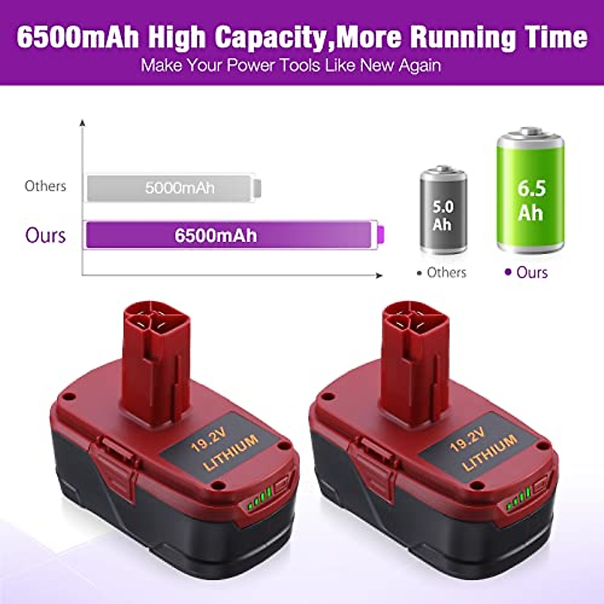 LORDONE 2Packs 6500mAh C3 Lithium Battery for Craftsman 19.2 Volt Battery DieHard XCP 315.115410 315.11485 130279005 1323903 130285003 130211004 120235021 11375 11376 315.PP2011 Cordless Battery