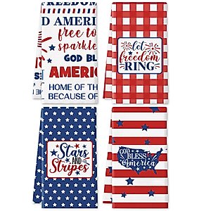 Vansolinne Independence Day Kitchen Towels Set of 4 Waffle Fabric Dish Towels White Kitchen Hand Towels Kit Novelty Gifts for Patriotic Party Decor