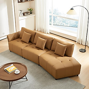 Modern Living Room Curved Sofa, Real Leather Modular Sectional Sofa, Chaise Lounge Couch, 3-Seater Corner Couch, 120'' Sofa Couch with 3 Pillows, Apartment, Home Furniture, Office, Brown Couch