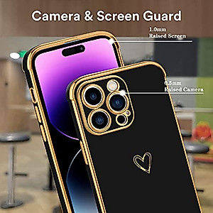 MZELQ Compatible with iPhone 14 Pro Case for Women Cute Luxury Love Heart Pattern Design Full Camera Protection Soft TPU Reinforced Corners Protective Plating Edge Phone Case 6.1 in 2022 - Black