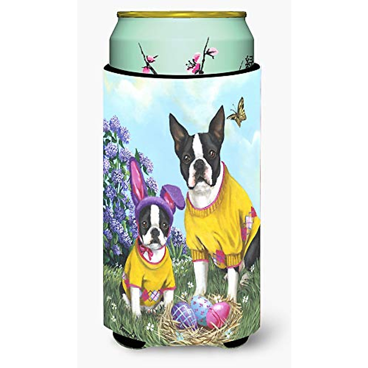 Caroline's Treasures PPP3037TBC Boston Terrier Easter Bunny Tall Boy Hugger Can Cooler Sleeve Hugger Machine Washable Drink Sleeve Hugger Collapsible Insulator Beverage Insulated Holder