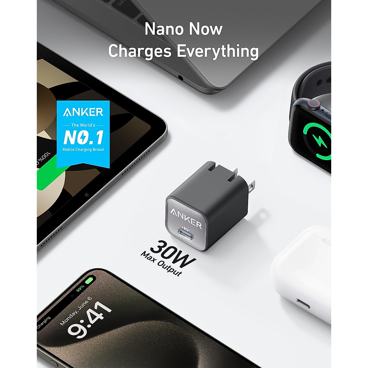 USB C GaN Charger 30W, Anker 511 Charger (Nano 3), PIQ 3.0 Foldable PPS Fast Charger for iPhone 15/15 Pro/14/14 Pro Max/13, Galaxy, iPad (Cable Not Included)-Phantom Black