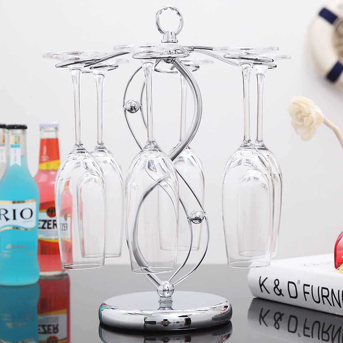 Hongiuia Wine Glass Holder - Freestanding Table Top Metal Art Goblets - 6 Cup Storage Rack for Kitchen Bar Decor Easy Access and Storage Wine Glasses - Silver