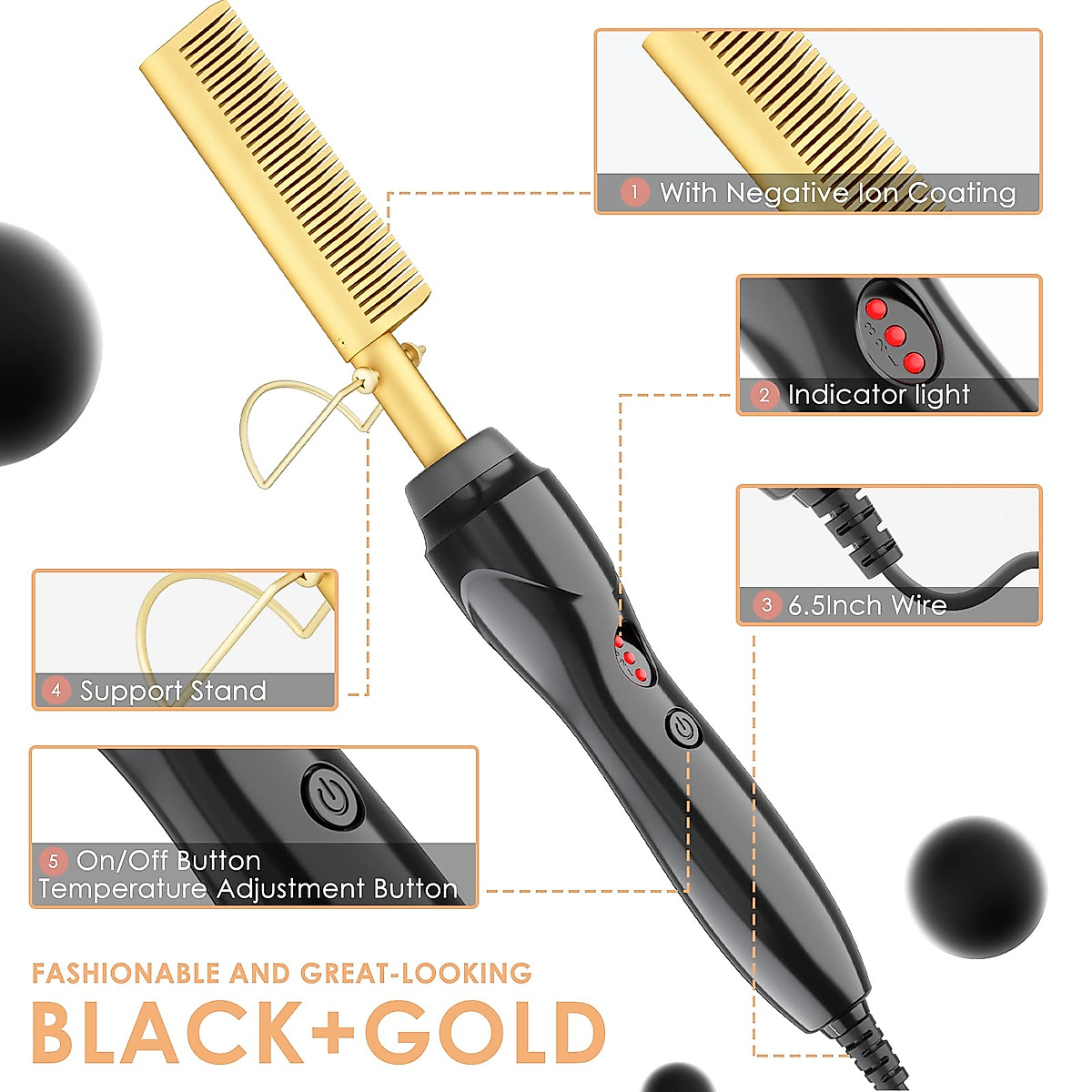 Hot Comb, Electric Hot Comb, Professional High Heat Ceramic Hair Press Comb, Multifunctional Copper Hair Straightener for American African Hair - Gold