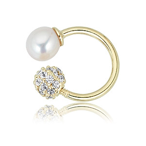 AVORA 10K Yellow Gold 4mm Cultured Freshwater Pearl and Simulated Diamond CZ Ball Horseshoe Eyebrow Body Jewelry -018 Gauge